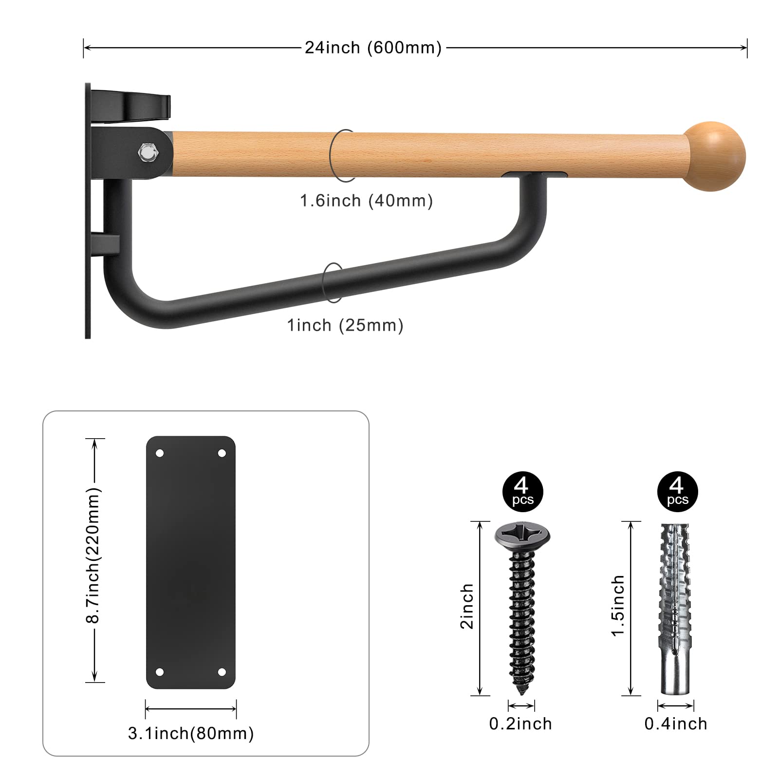 Dolibest 24 Inch Toilet Safety Bar, Foldable Toilet Grab Bar, Wall Mounted Wooden Handicap Grab Bar for Bathroom. Non-Slip and Waterproof Comfty Grip Bar for Disabled Elderly Pregnant, 1PCS