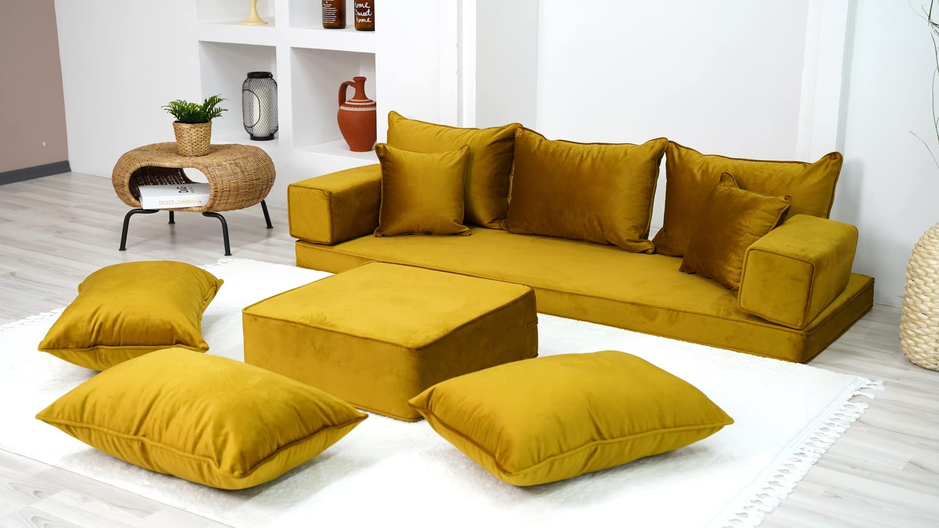 Gold Velvet Fabric Floor Seating, Sectional Sofa, Velvet Floor Sofa, Meditation Sofa, Arabic Floor Sofa Set, Floor Couches (Sofa Full Set, 4'' Thickness Sofa)