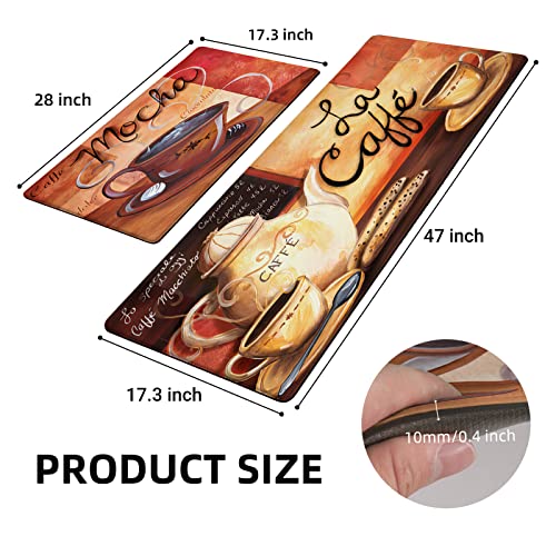 Coffee Kitchen Rugs Anti Fatigue Kitchen Rug Red Mocha Cup Decoration Cushioned Kitchen Mats for Floor Waterproof Non Skid Washable Standing Kitchen Mat, Set of 2,17.3 x 28+17.3 x 47 Inches, PVC