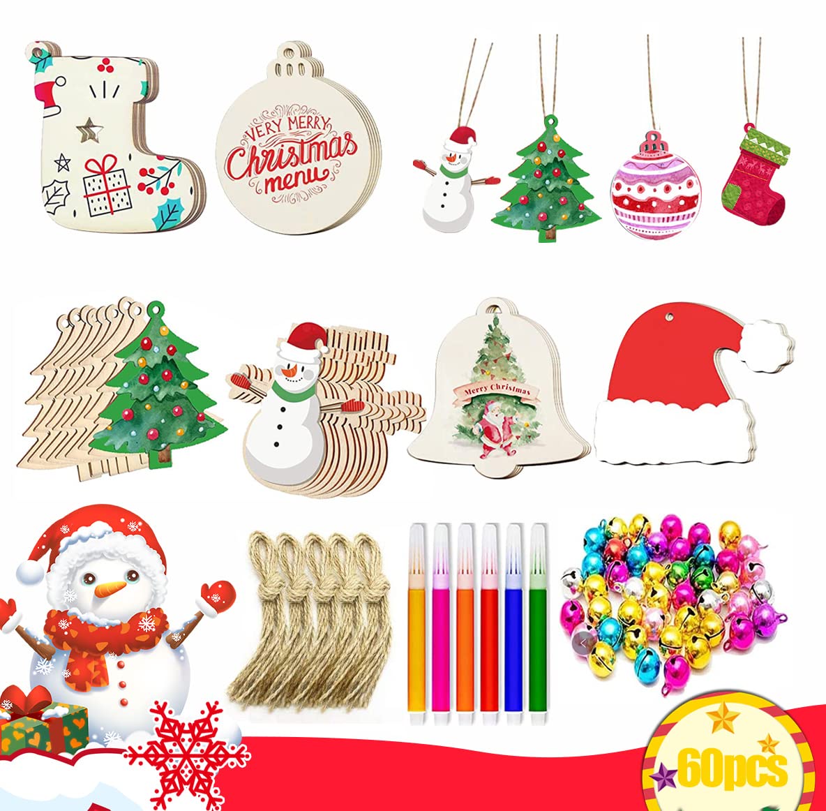 BRIGHTMOON BABY Wooden Christmas Ornaments, 60pieces Unfinished Wooden Ornaments for Crafts, DIY Christmas Crafts for Kids, Holiday Hanging Decorations with Bells, Rope and Colorful Makers