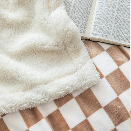 LOMAO Sherpa Throw Blanket Fleece Blanket with Checkered Pattern Soft Thick Blanket for Couch, Bed, Sofa Luxurious Warm and Cozy for All Seasons (Khaki, 51"x63")