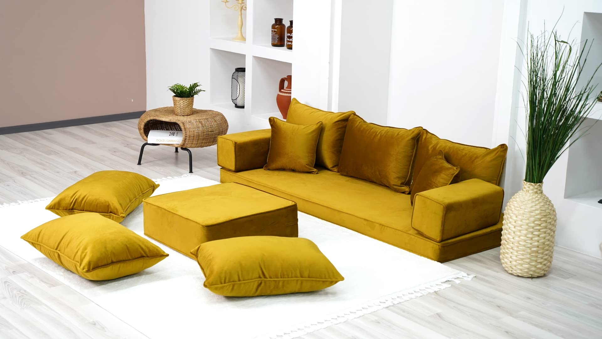 Gold Velvet Fabric Floor Seating, Sectional Sofa, Velvet Floor Sofa, Meditation Sofa, Arabic Floor Sofa Set, Floor Couches (Sofa Full Set, 4'' Thickness Sofa)