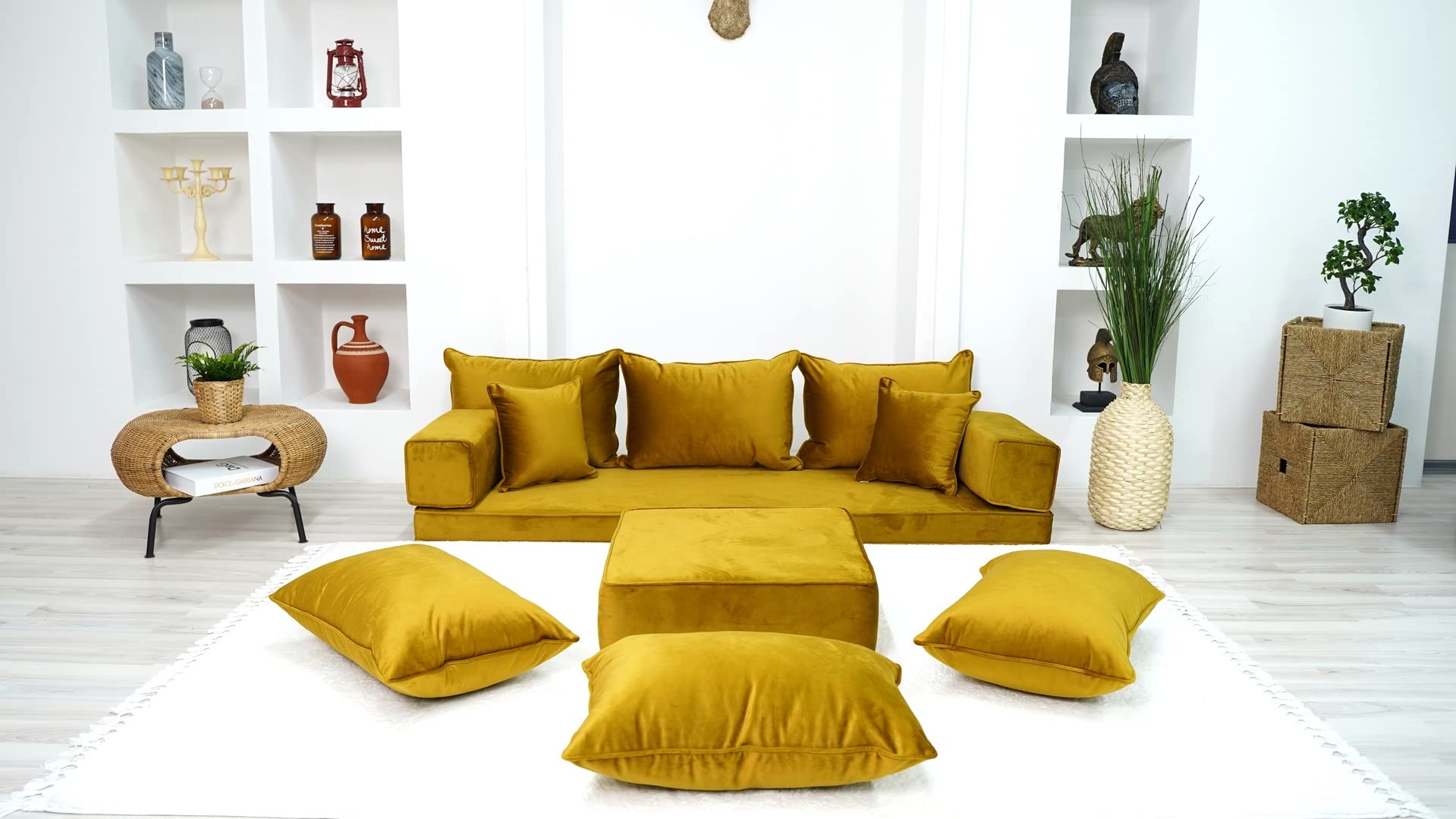 Gold Velvet Fabric Floor Seating, Sectional Sofa, Velvet Floor Sofa, Meditation Sofa, Arabic Floor Sofa Set, Floor Couches (Sofa Full Set, 4'' Thickness Sofa)