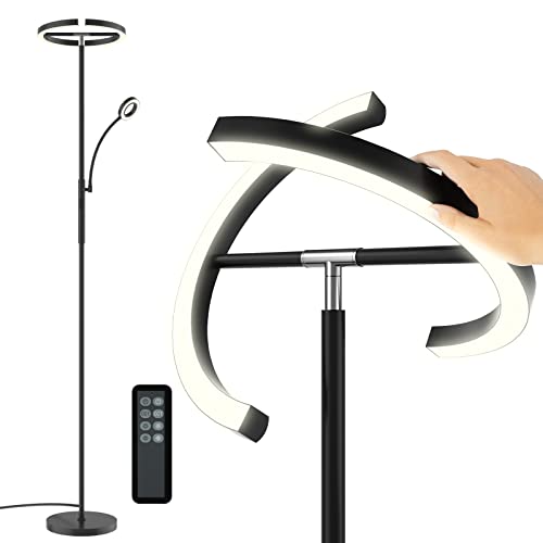 Wio-Mio LED Floor Lamp Remote Control, Torchiere Floor Lamp with Reading Light, 4 Color Temperature Stepless Dimmer, Rotatable Modern Standing Lamp for Living Room or Bedroom