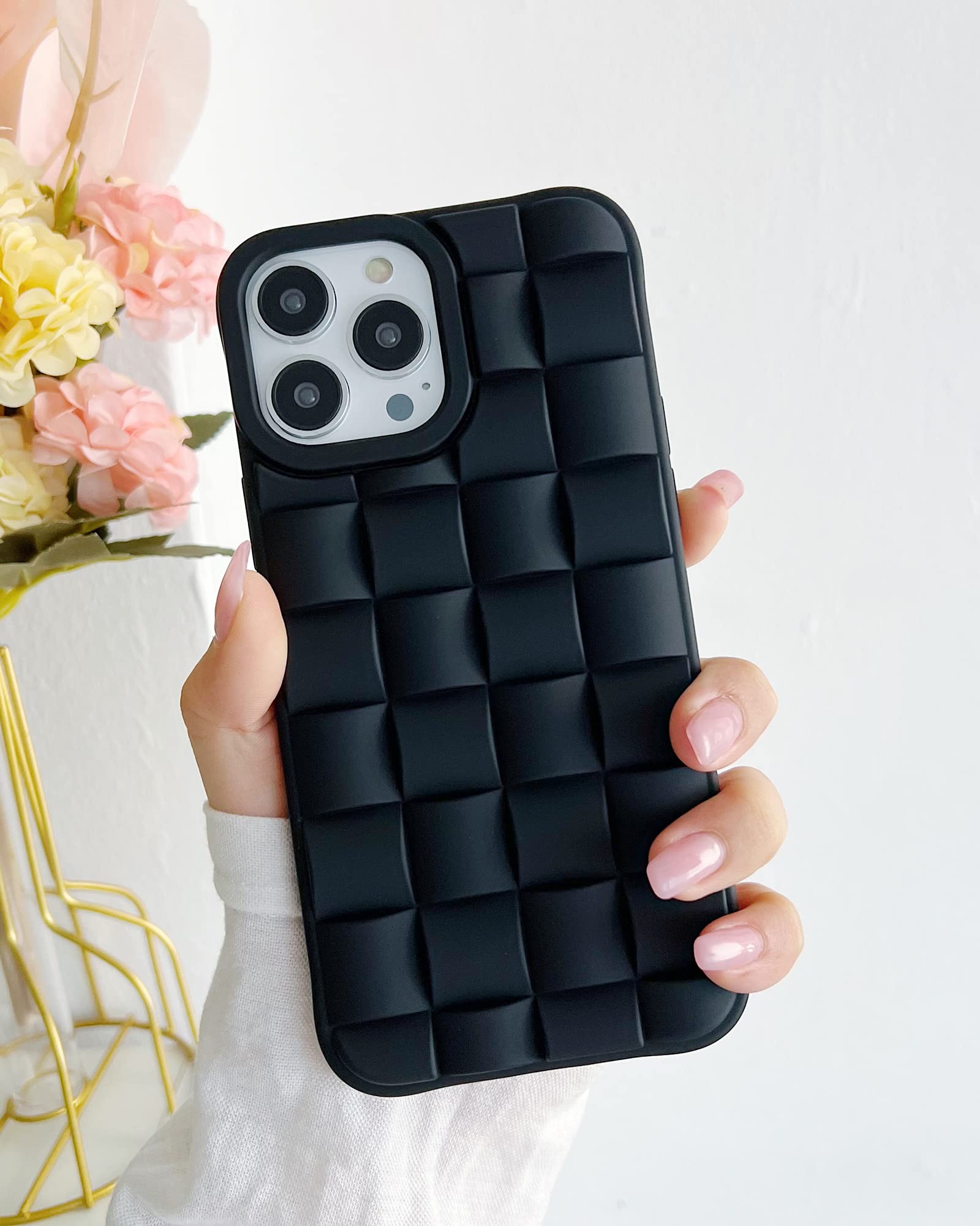 Ginkgonut Compatible with iPhone 13 Pro Max Case for Women/Girls, Cute 3D Laid Desgin Soft Silicone Shockproof Raised Bumper Corners Case for iPhone 13 Pro Max(Black)