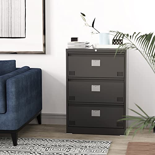 Lateral File Cabinet with Lock, 3 Drawer Large Vertical Filing Cabinet,Metal Storage File Cabinet for Home Office, Lockable Storage Lateral Filing Cabinet for Hanging Files Letter/Legal/F4/A4 Size