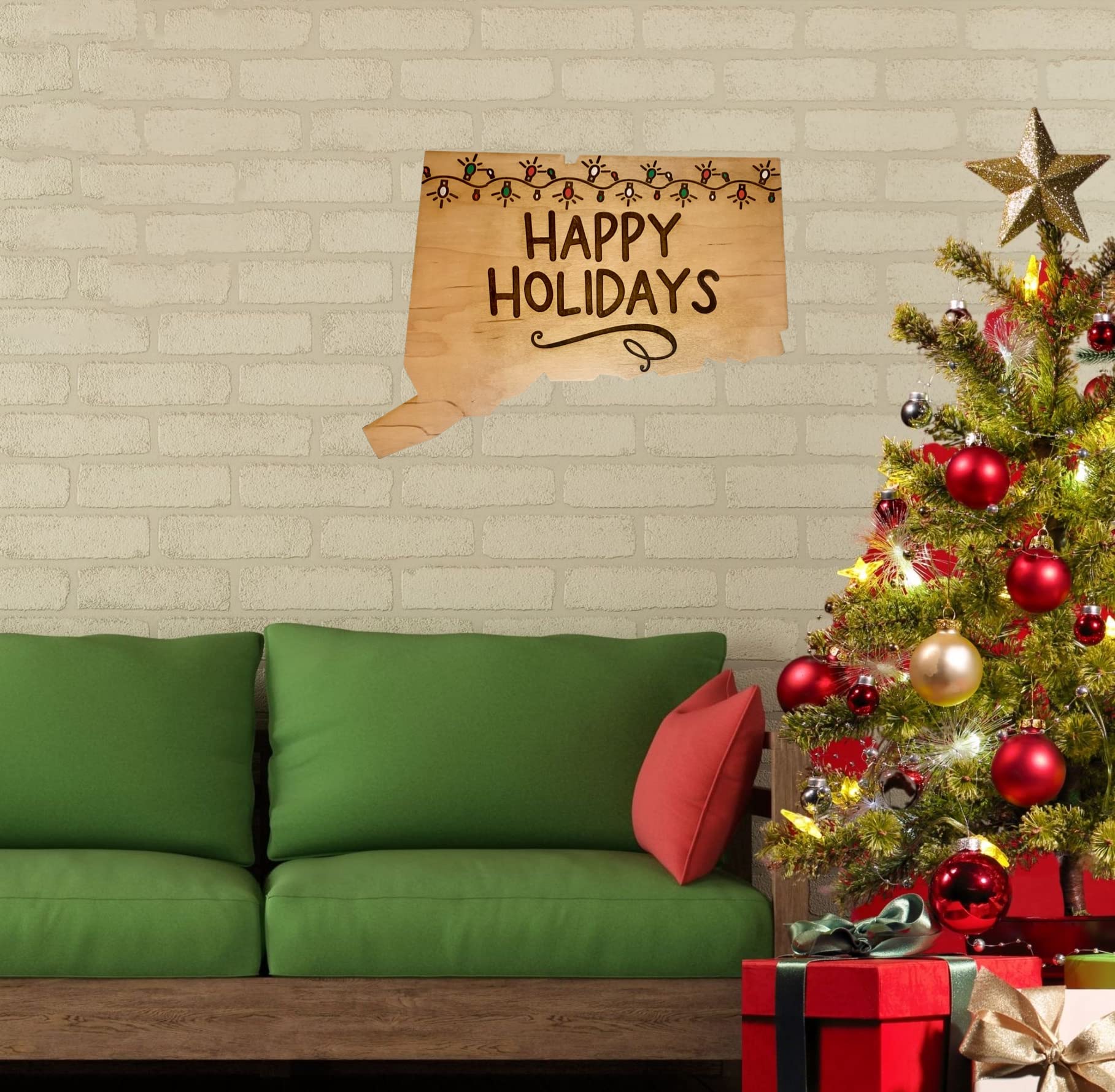 State Shaped Happy Holidays Engraved Maple Wood Sign with Hand Painted Lights for Christmas Decoration