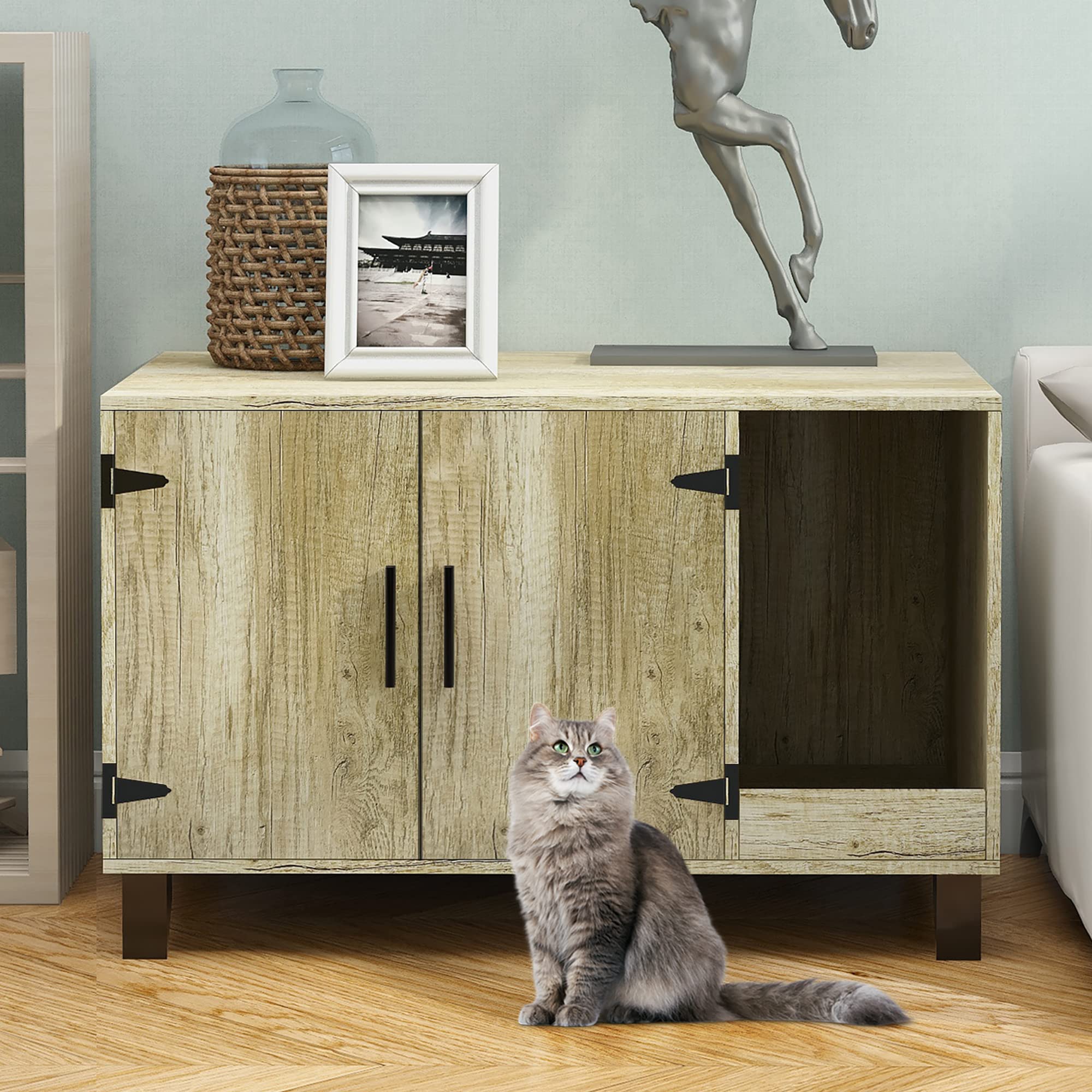 TaoHFE Litter Box Enclosure Cat Litter Box Furniture Hidden with Cat Scratch Pad Decorative Farmhouse Wooden Cat Box Furniture Litter Box Cabinet,Oak
