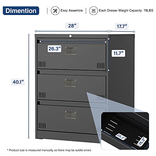Lateral File Cabinet with Lock, 3 Drawer Large Vertical Filing Cabinet,Metal Storage File Cabinet for Home Office, Lockable Storage Lateral Filing Cabinet for Hanging Files Letter/Legal/F4/A4 Size