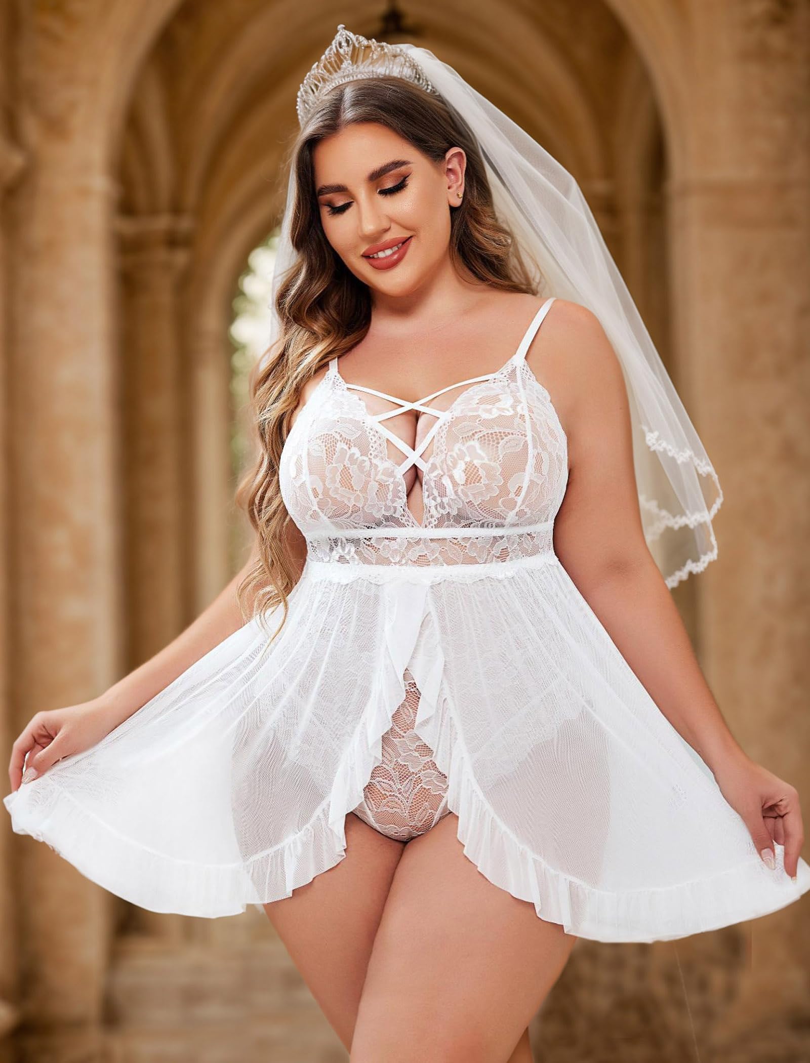 Avidlove Women Plus Size Lingerie Snap Crotch Babydoll Sexy Curvy Strappy Ruffle Lace Chemise(White,L)