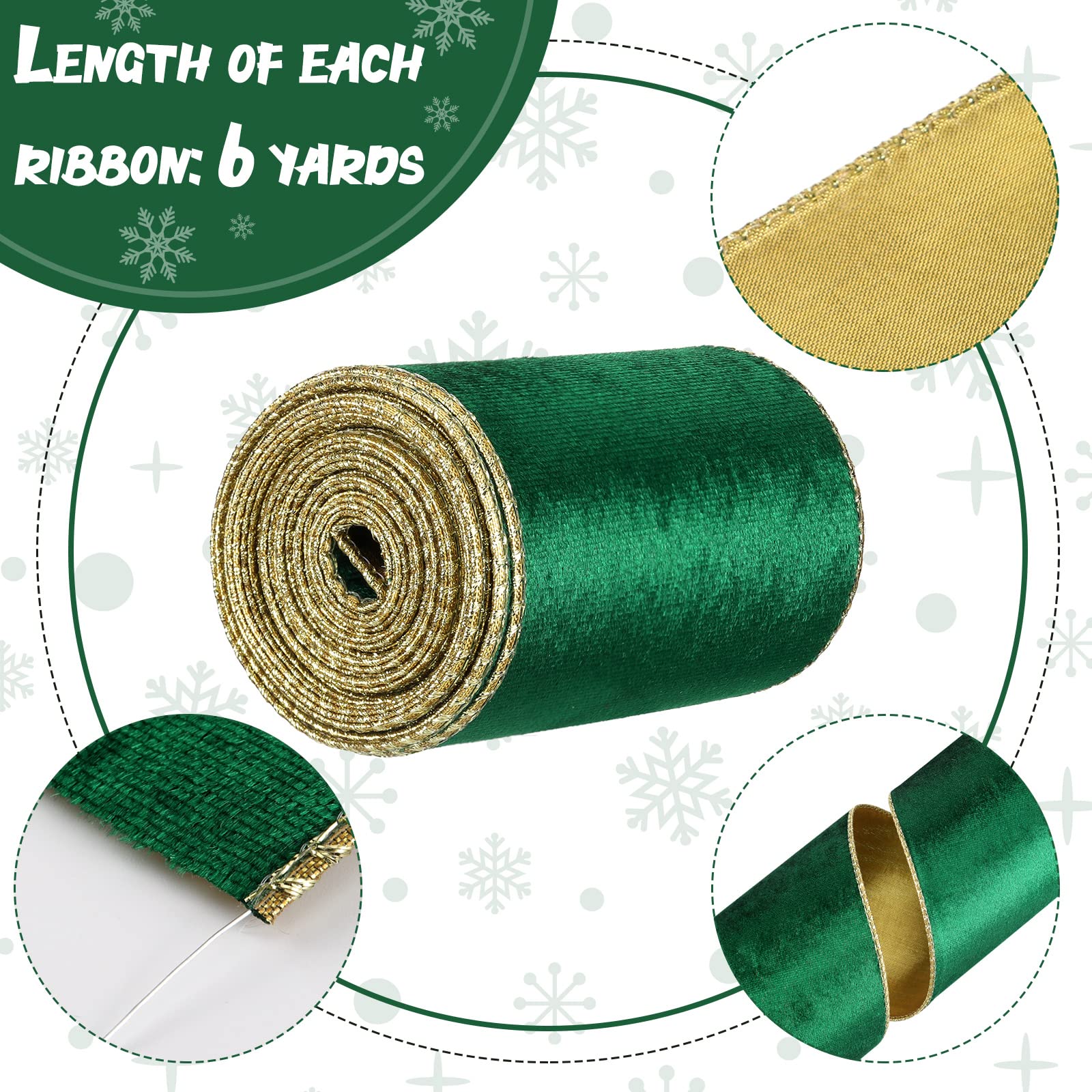 WILLBOND 2 Rolls Christmas Red Velvet Ribbon Wired Edge Trim Wrapping Fabric Christmas Ribbon for Gift Wrapping Bow Wedding Decoration Craft(4 Inch x 6 Yards,Green)