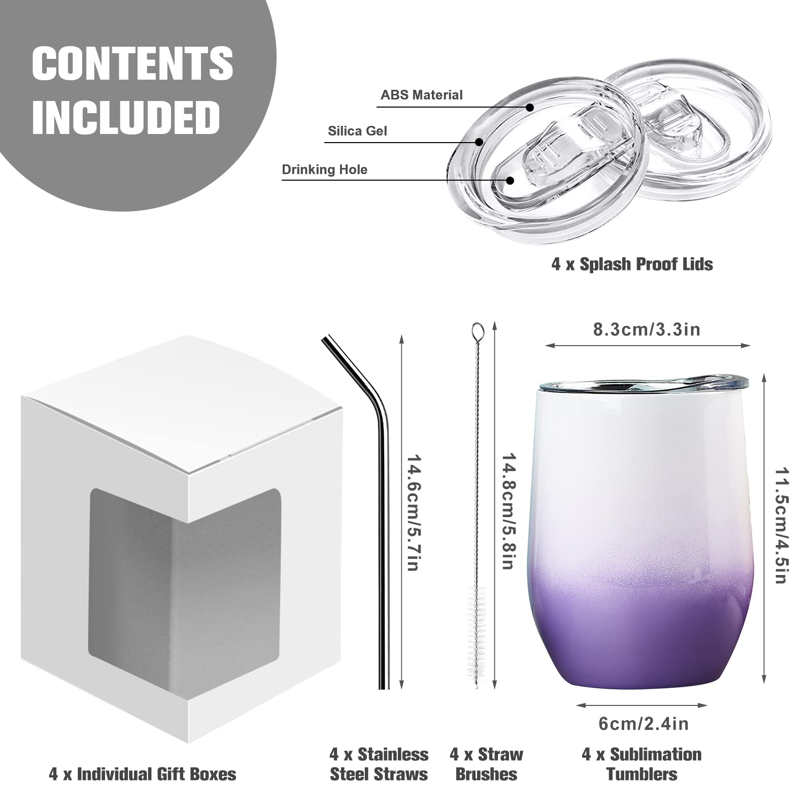 BetterSub 4 Packs 12oz Sublimation Wine Tumbler Cups Double Wall Insulation Stainless Steel Tumbler Blank Gradient Colors Coffee Cup with Lid, Metal Straw, Brush, Display Box