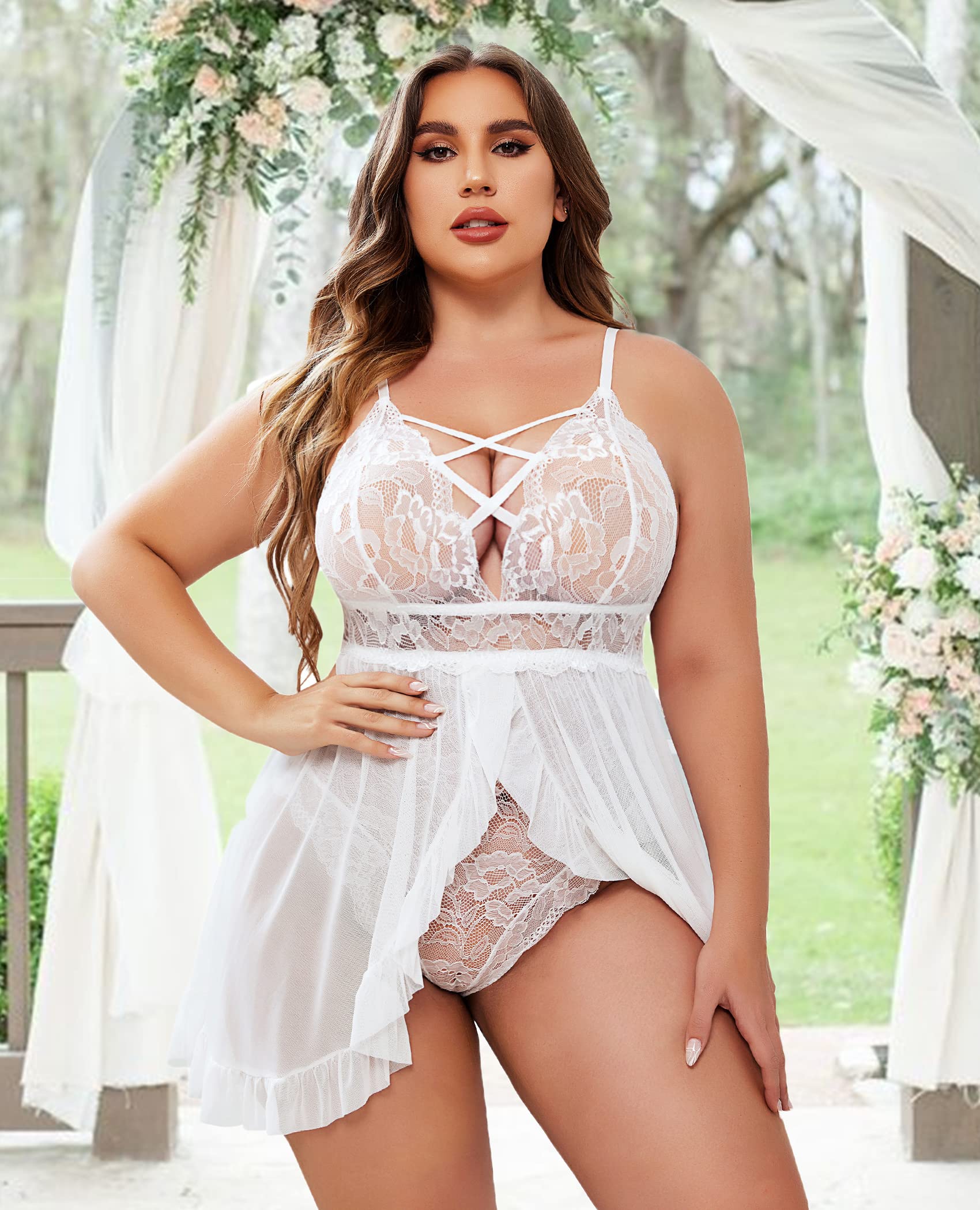 Avidlove Women Plus Size Lingerie Snap Crotch Babydoll Sexy Curvy Strappy Ruffle Lace Chemise(White,L)