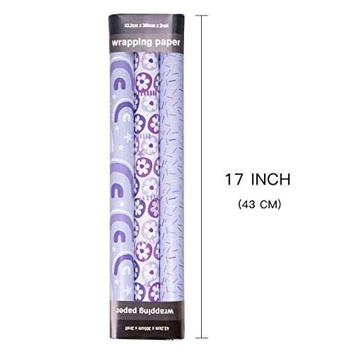 LeZakaa Purple Gift Wrapping Paper - Mini Roll - Flower Ball/Colorful Strip/Arch Print for Gift Wrap, Arts Crafts - 17 x 120 inches - 3 Rolls (43.77 sq.ft.ttl.)