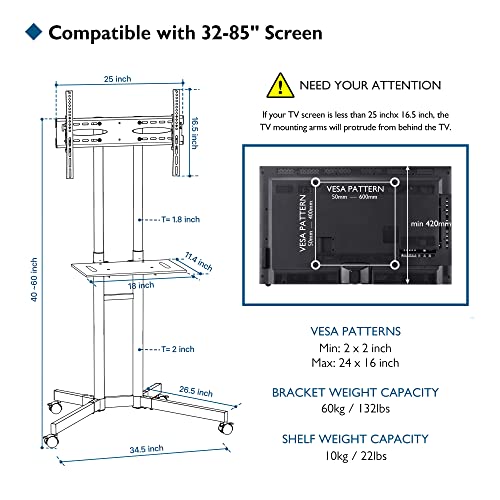 Mobile TV Stand, Rolling TV Stand with Wheels for 32-85Inch LED, LCD, OLED Flat&Curved TVs, Height Adjustable TV Cart with Laptop Shelf and Locking Wheels, Holds Up to 132lbs Max VESA 600x400mm, Black