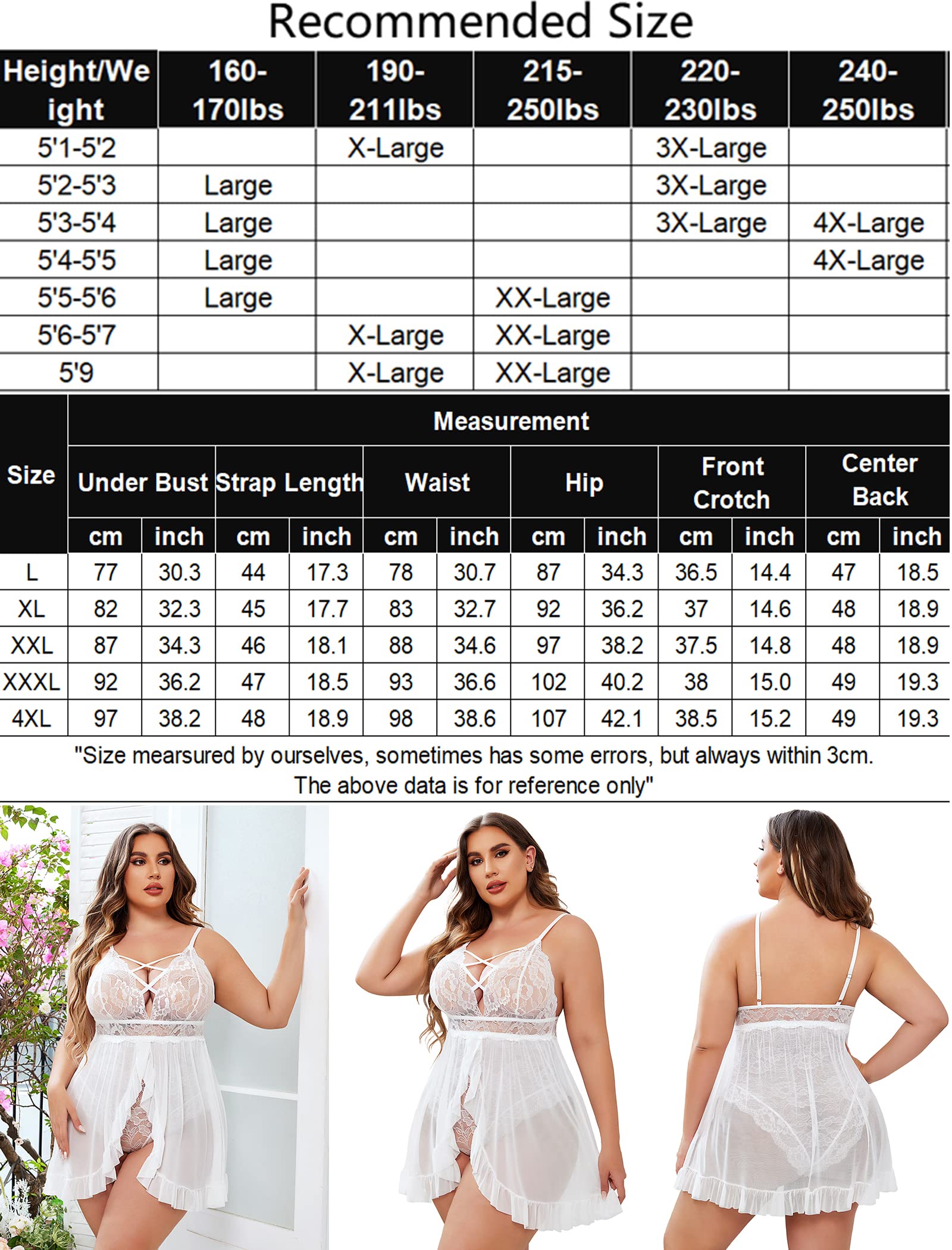Avidlove Women Plus Size Lingerie Snap Crotch Babydoll Sexy Curvy Strappy Ruffle Lace Chemise(White,L)