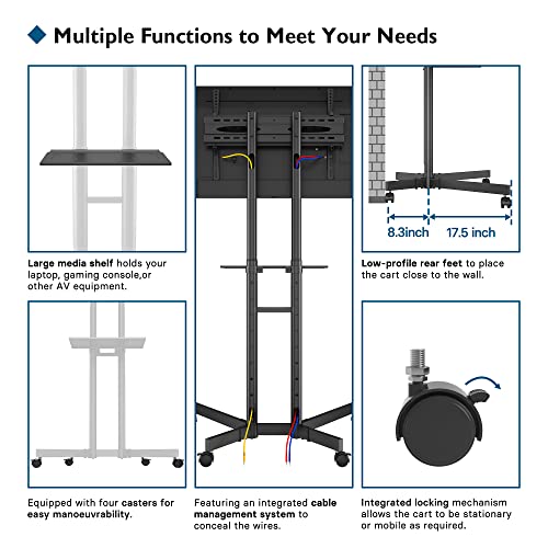 Mobile TV Stand, Rolling TV Stand with Wheels for 32-85Inch LED, LCD, OLED Flat&Curved TVs, Height Adjustable TV Cart with Laptop Shelf and Locking Wheels, Holds Up to 132lbs Max VESA 600x400mm, Black