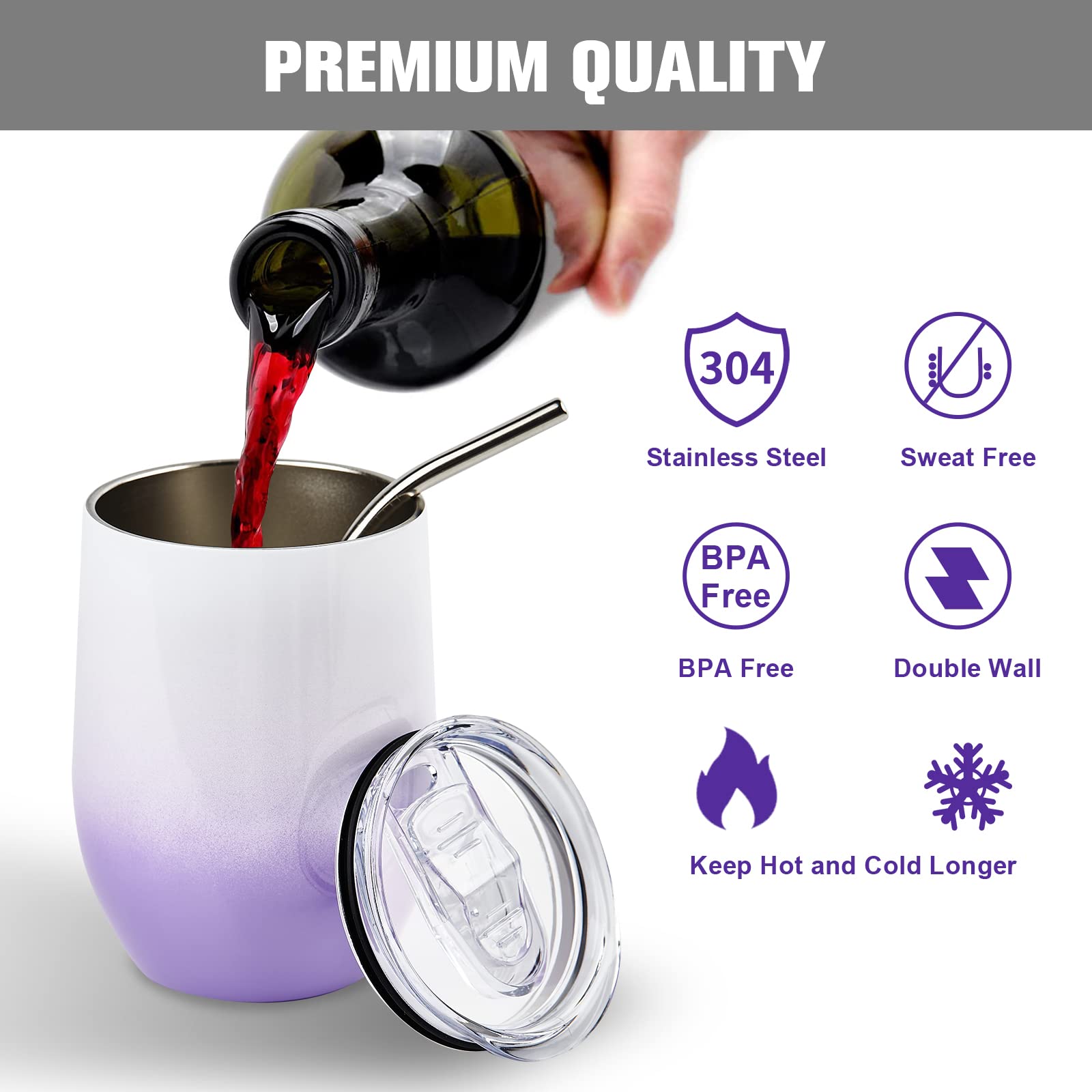 BetterSub 4 Packs 12oz Sublimation Wine Tumbler Cups Double Wall Insulation Stainless Steel Tumbler Blank Gradient Colors Coffee Cup with Lid, Metal Straw, Brush, Display Box