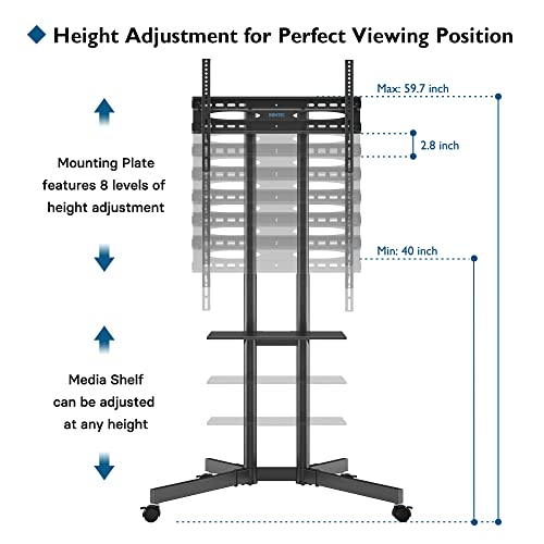 Mobile TV Stand, Rolling TV Stand with Wheels for 32-85Inch LED, LCD, OLED Flat&Curved TVs, Height Adjustable TV Cart with Laptop Shelf and Locking Wheels, Holds Up to 132lbs Max VESA 600x400mm, Black
