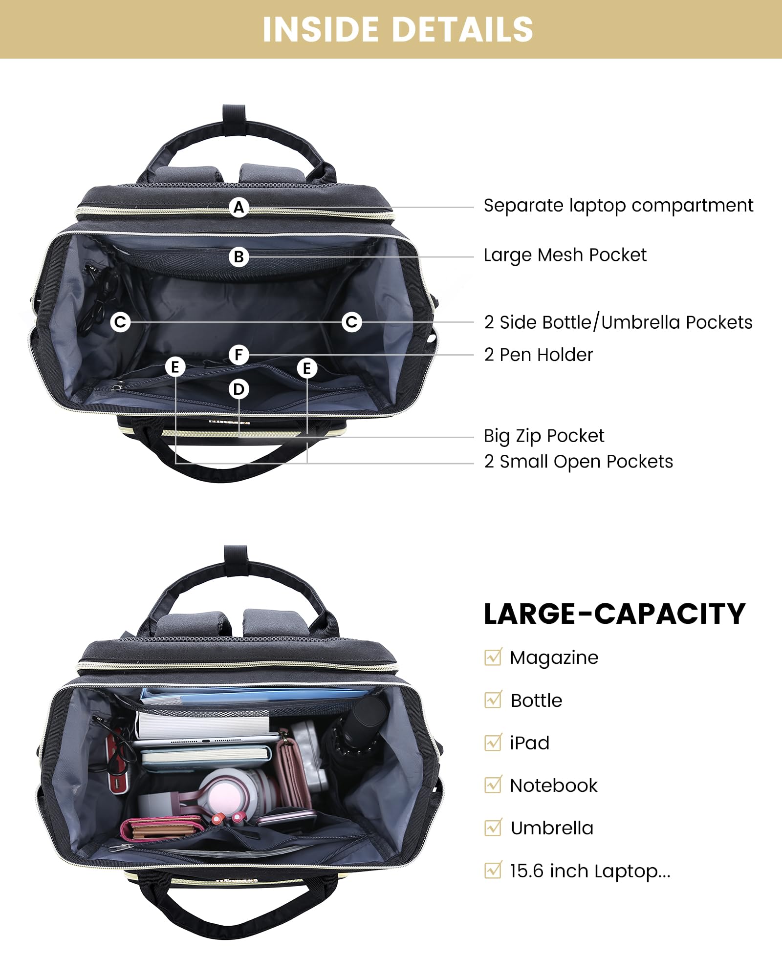 LOVEVOOK 17.3 Inch Laptop Backpack, Large Travel Backpack for Women, Water Resistant Teacher Backpack with Laptop Compartment, Professional Business Work bags with Charger, Black