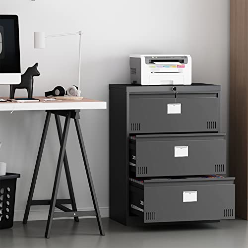 Lateral File Cabinet with Lock, 3 Drawer Large Vertical Filing Cabinet,Metal Storage File Cabinet for Home Office, Lockable Storage Lateral Filing Cabinet for Hanging Files Letter/Legal/F4/A4 Size