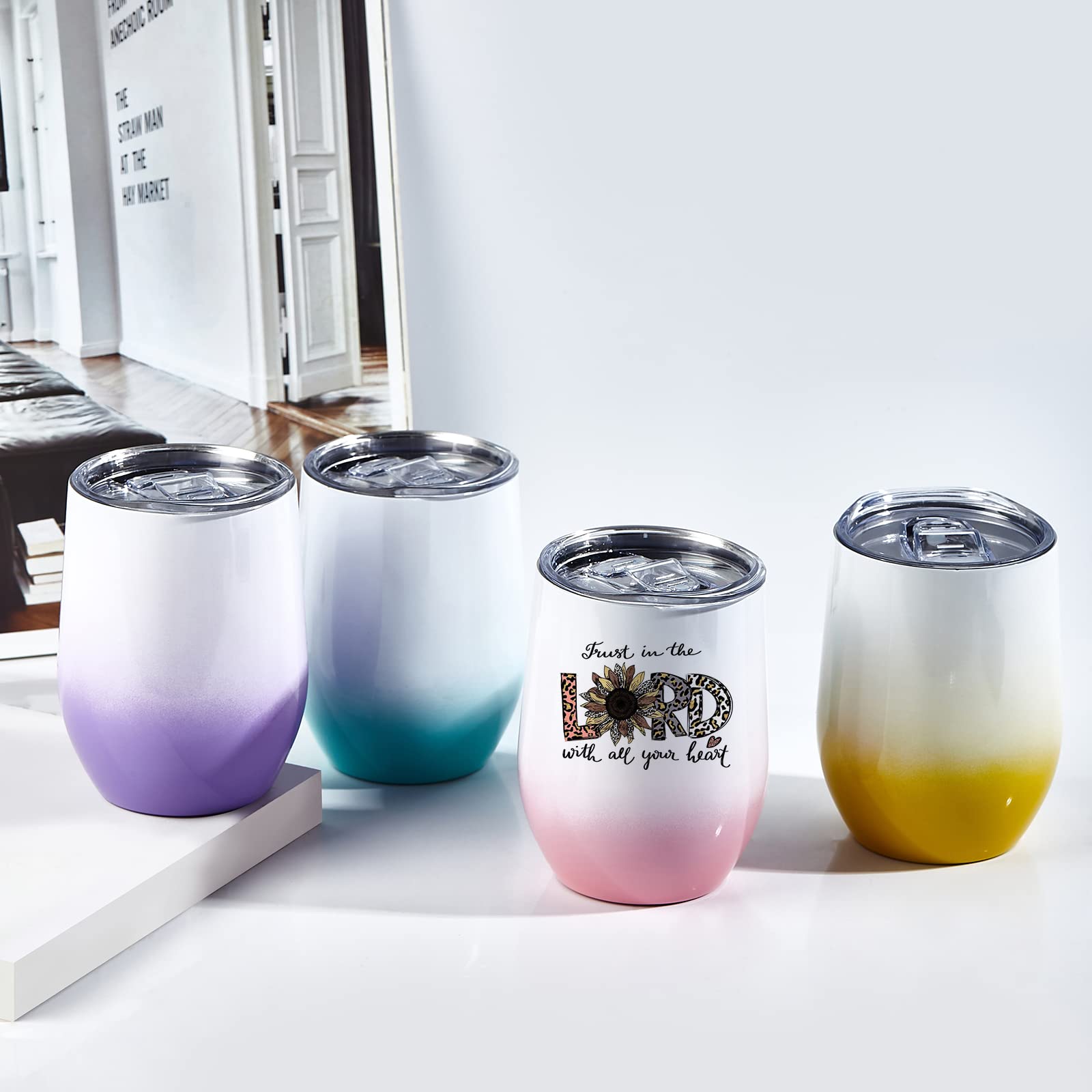 BetterSub 4 Packs 12oz Sublimation Wine Tumbler Cups Double Wall Insulation Stainless Steel Tumbler Blank Gradient Colors Coffee Cup with Lid, Metal Straw, Brush, Display Box