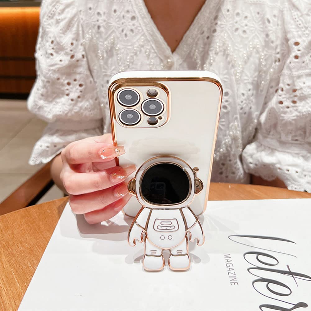 AIGOMARA 6D Plating Astronaut Hidden Stand Case Cover for iPhone 13 Pro Max Women Astronaut Folding Bracket Kickstand iPhone Case with Camera Protector Soft TPU Shockproof Bumper 6.7 Inch - White