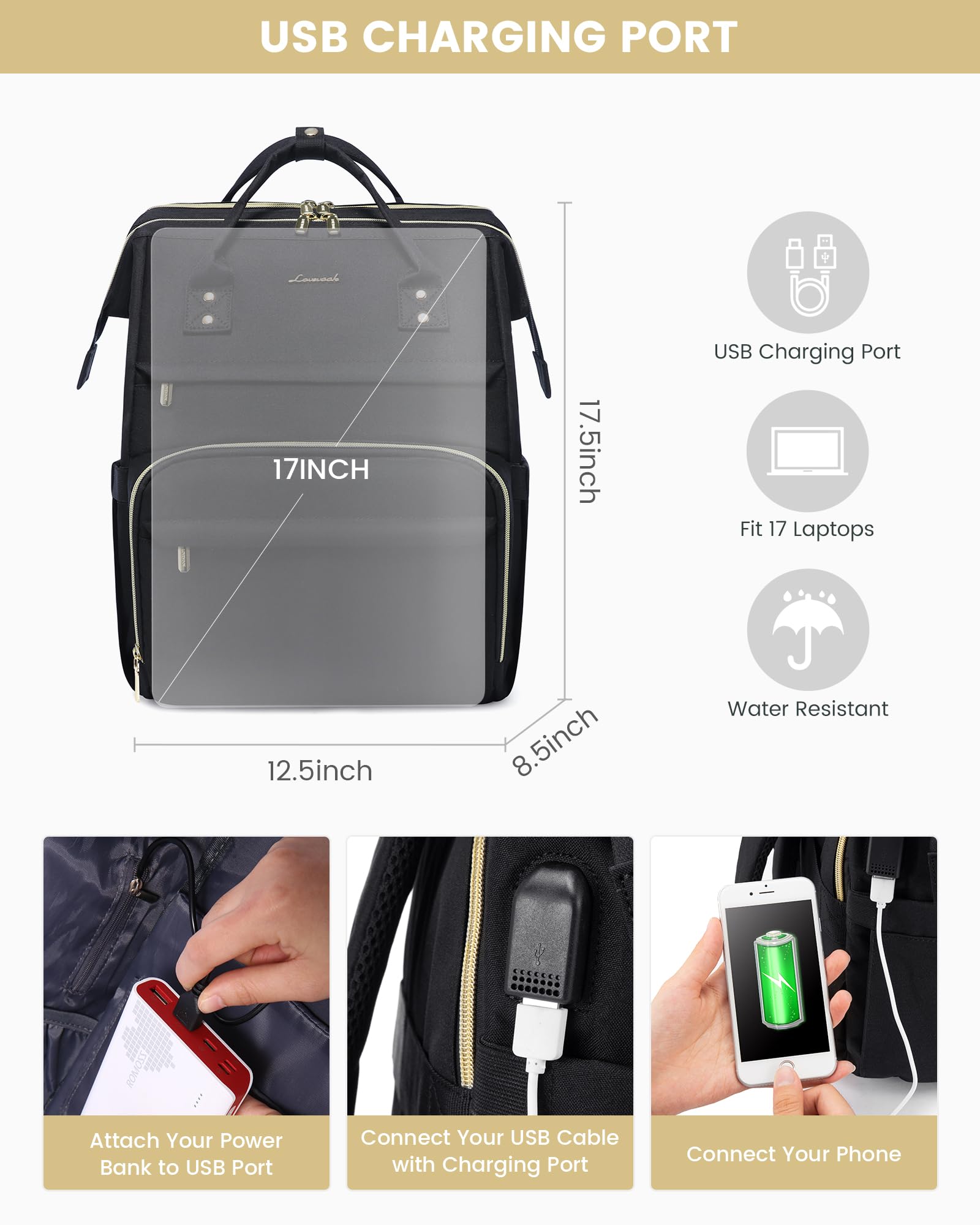 LOVEVOOK 17.3 Inch Laptop Backpack, Large Travel Backpack for Women, Water Resistant Teacher Backpack with Laptop Compartment, Professional Business Work bags with Charger, Black
