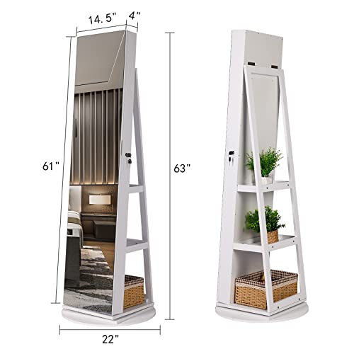 HNEBC LED Light Jewelry Storage Organizer, Armoire with Door Mirror 360° Rotating, Full Length Cabinet, ,Large Jewelry Boxes & Organizers(A White)
