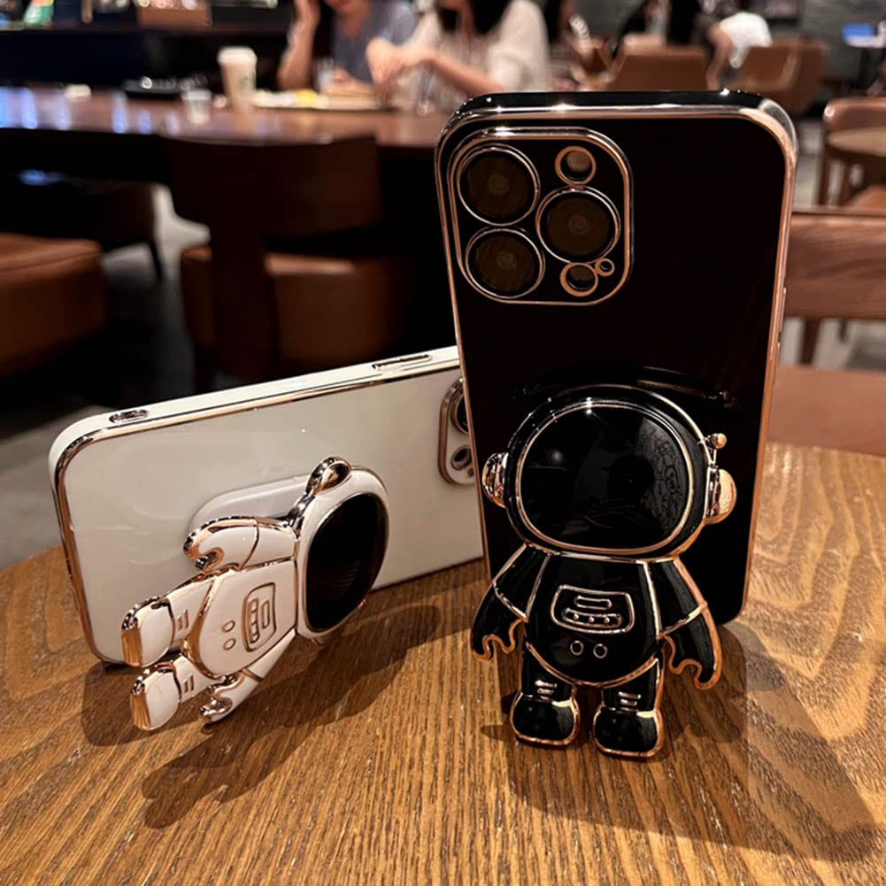 AIGOMARA 6D Plating Astronaut Hidden Stand Case Cover for iPhone 13 Pro Max Women Astronaut Folding Bracket Kickstand iPhone Case with Camera Protector Soft TPU Shockproof Bumper 6.7 Inch - White