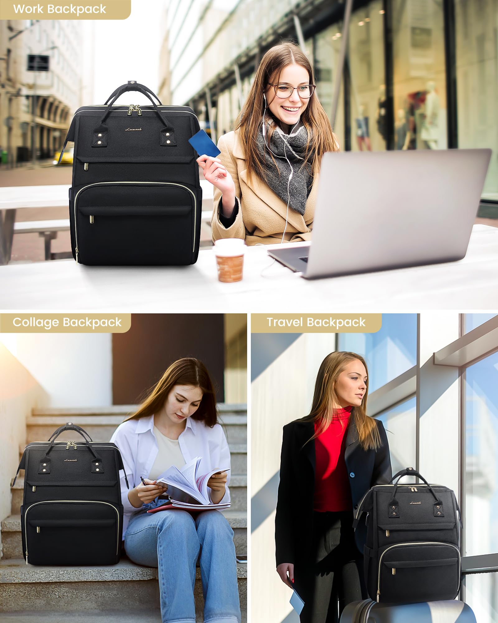 LOVEVOOK 17.3 Inch Laptop Backpack, Large Travel Backpack for Women, Water Resistant Teacher Backpack with Laptop Compartment, Professional Business Work bags with Charger, Black