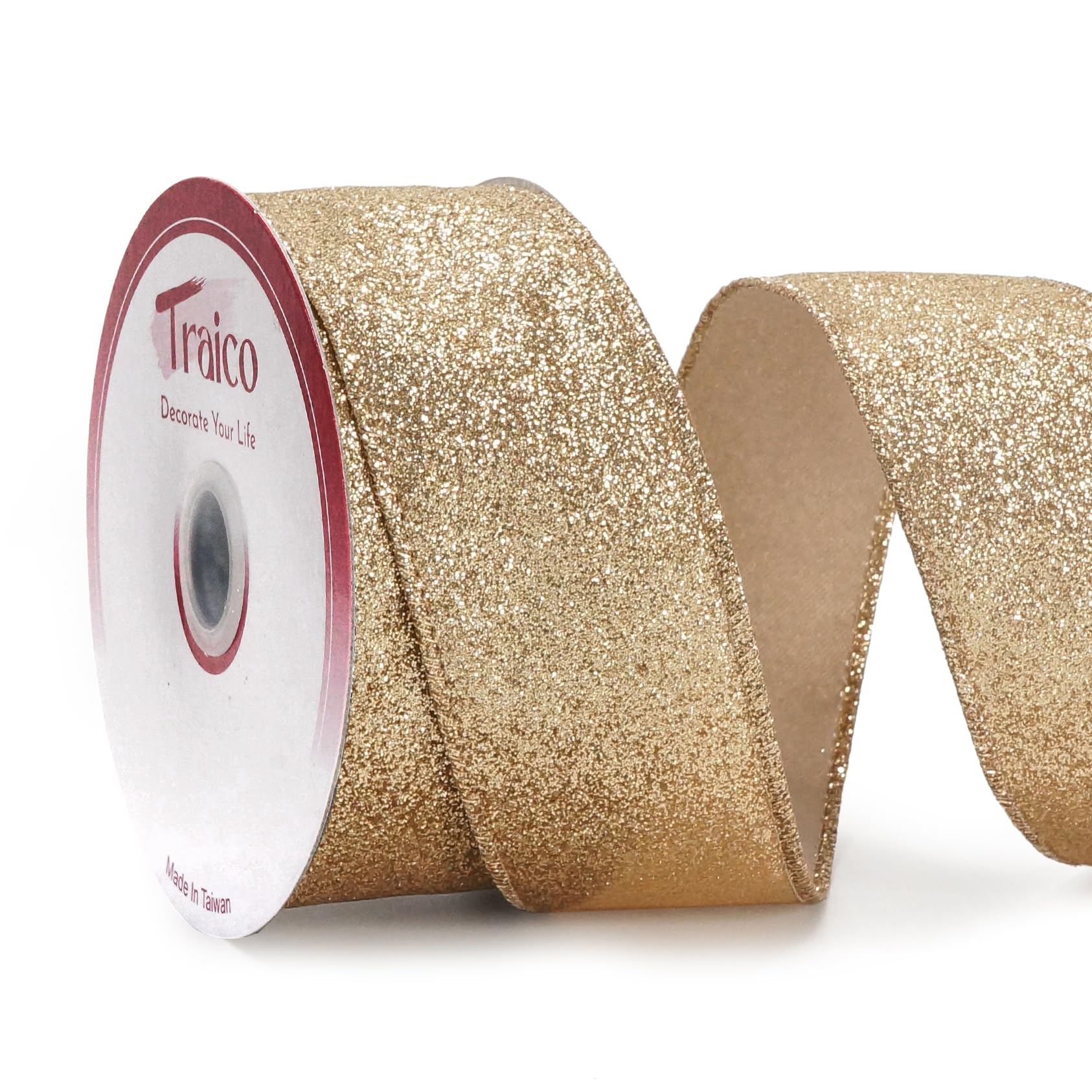 Traico Gold Glitter Wired Ribbon - 1.5 Inch x 10 Yards (30 Ft) x 1 Roll for Christmas Home Decor Gift Wrapping Bow Making Wreath DIY Crafts Wedding