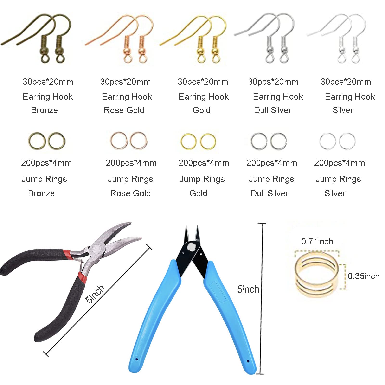 5 Colors Earring Hooks Kit Hypoallergenic Ear Wires and 1000pcs Jump Rings for Earrings Making Jewelry Making Findings