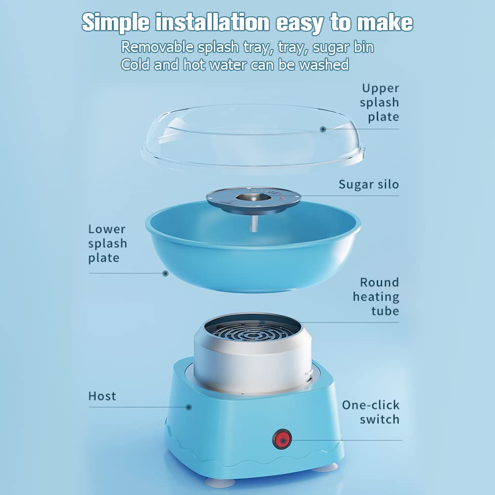 Cotton Candy Machine for Kids, 500W Efficient Electric Heating, Electric Cotton Candy Maker with Large Food Grade Splash-Proof Plate for Home Kids Birthday Family Party(blue)