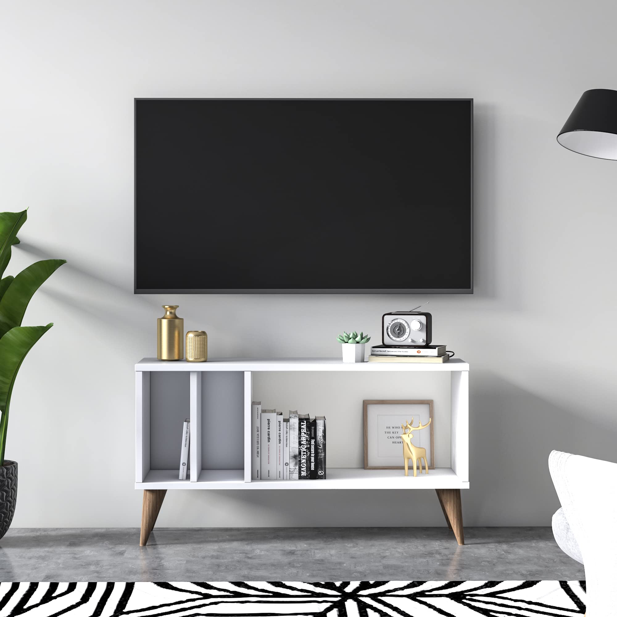 Ruumstore Norm TV Stand 35'', with 3 Open Shelves, TV Stand for Media, Natural Wooden Legs, Opaque White