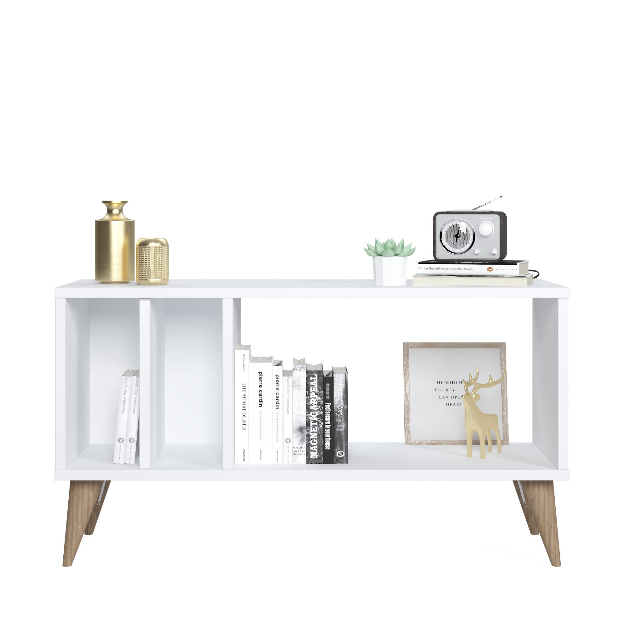 Ruumstore Norm TV Stand 35'', with 3 Open Shelves, TV Stand for Media, Natural Wooden Legs, Opaque White
