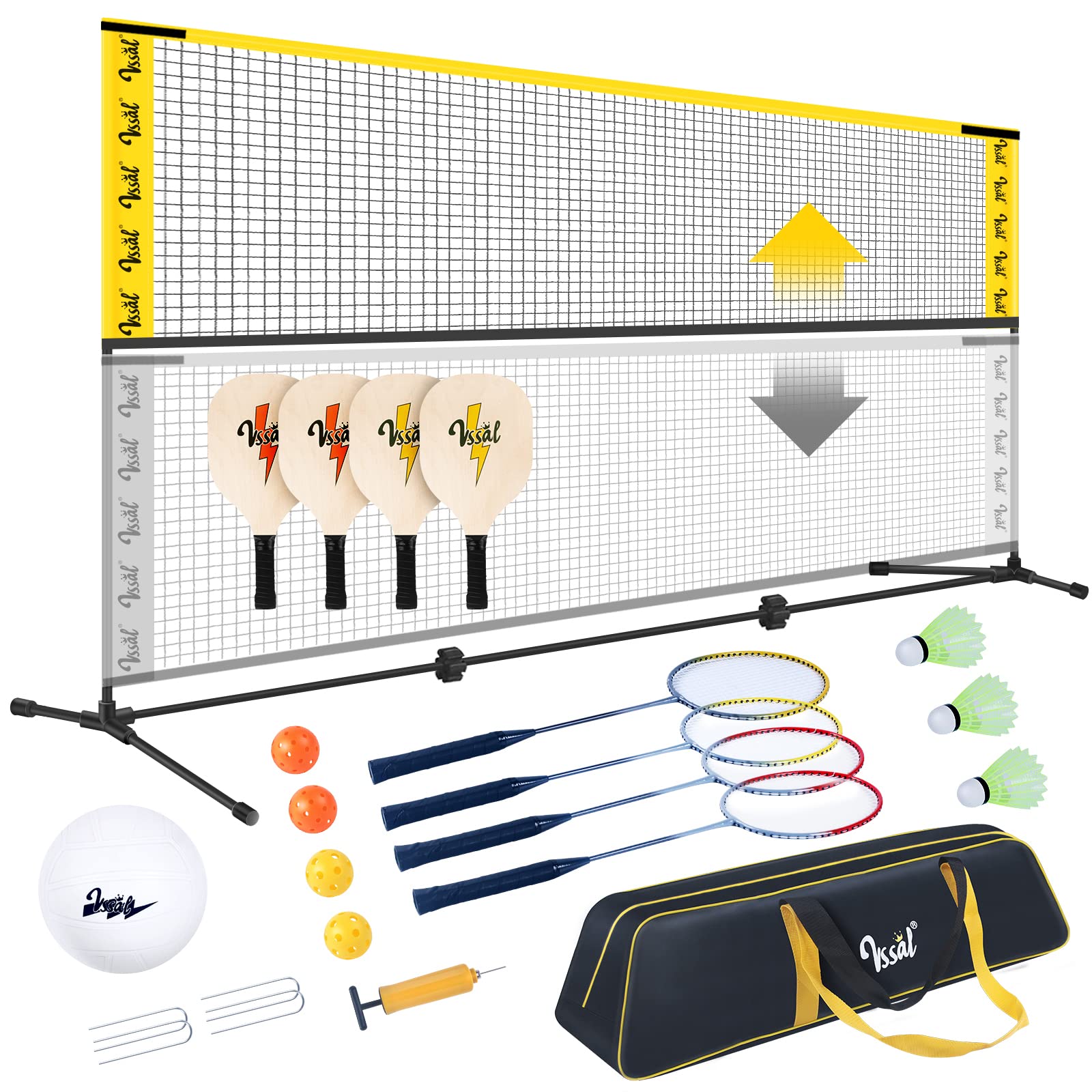 VSSAL 10FT Portable All-in-One Badminton, Pickleball and Volleyball Net Set Half Court (10ft Wide x 7ft max Height) Small Outdoor Sports Set with Adjustable Net for Backyards Beach or Driveway Games