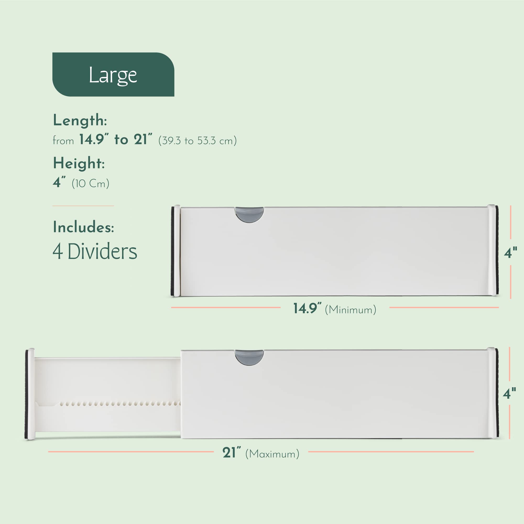 Adjustable Tall Drawer Dividers, [4 Pack] Adjusting Legnth from 15 Inch - 21 Inch, Drawer Organizers for Clothes, Locks in Place, Use for Bedroom, Bathroom, Kitchen & Office Organization and Storage.