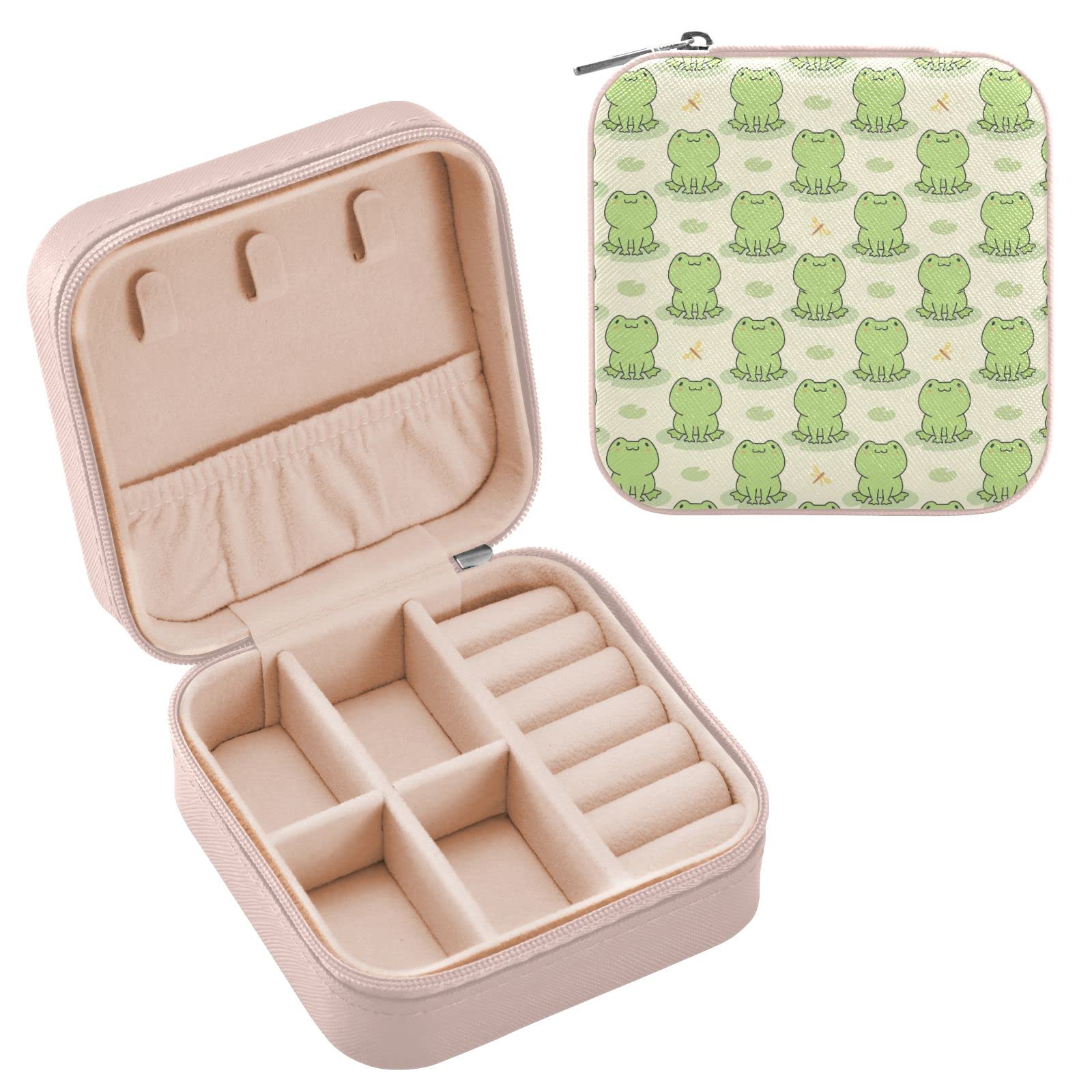 linqin Travel Jewelry Box Organizer Cute Frog Pattern Portable Jewelry Storage Box Case for Earring Rings Necklace Bracelets Accessories Gifts for Women Gis Wife Daughter
