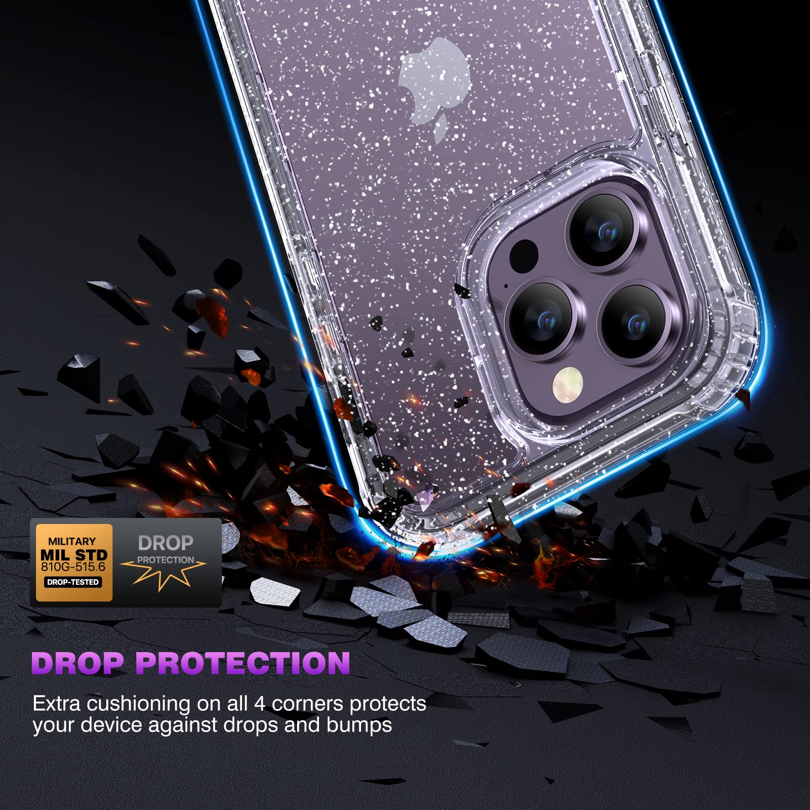 Diaclara Designed for iPhone 14 Pro Max Case 6.7’’ [2023 Upgraded], Full Body Rugged Case w/Built-in Touch Sensitive Anti-Scratch Screen Protector+9H Glass Camera Lens Protector(Clear Glitter)
