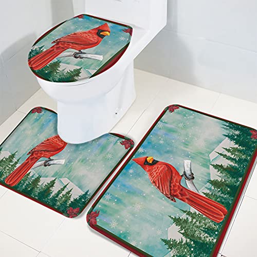 Bathroom Rugs, Memory Foam Bath Mat Bathroom Set, Christmas Red Bird in Snow Bath Rugs Bathroom Accessories, Home Decor Non-Slip Absorbent Soft Bath Mats for Bathroom, Tub, 3 Pieces