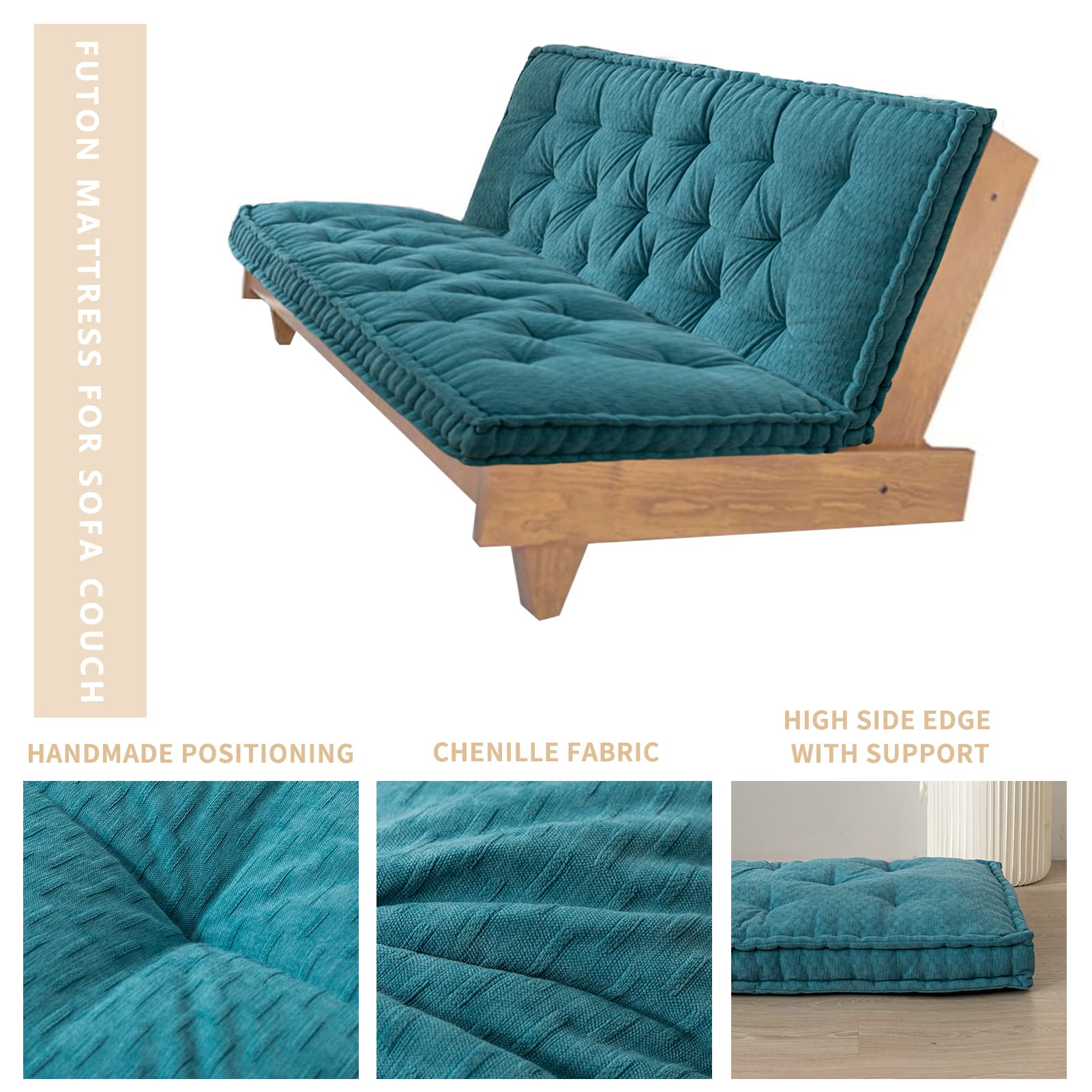 MAXYOYO Daybed Futon Mattress Window Seat Cushion, Cot Size Single Futon Mattress, Portable Roll Up Camping Mattress Long Cushion Sleeping Pad for Couch Travel Car, Turquoise, 75" x 30"
