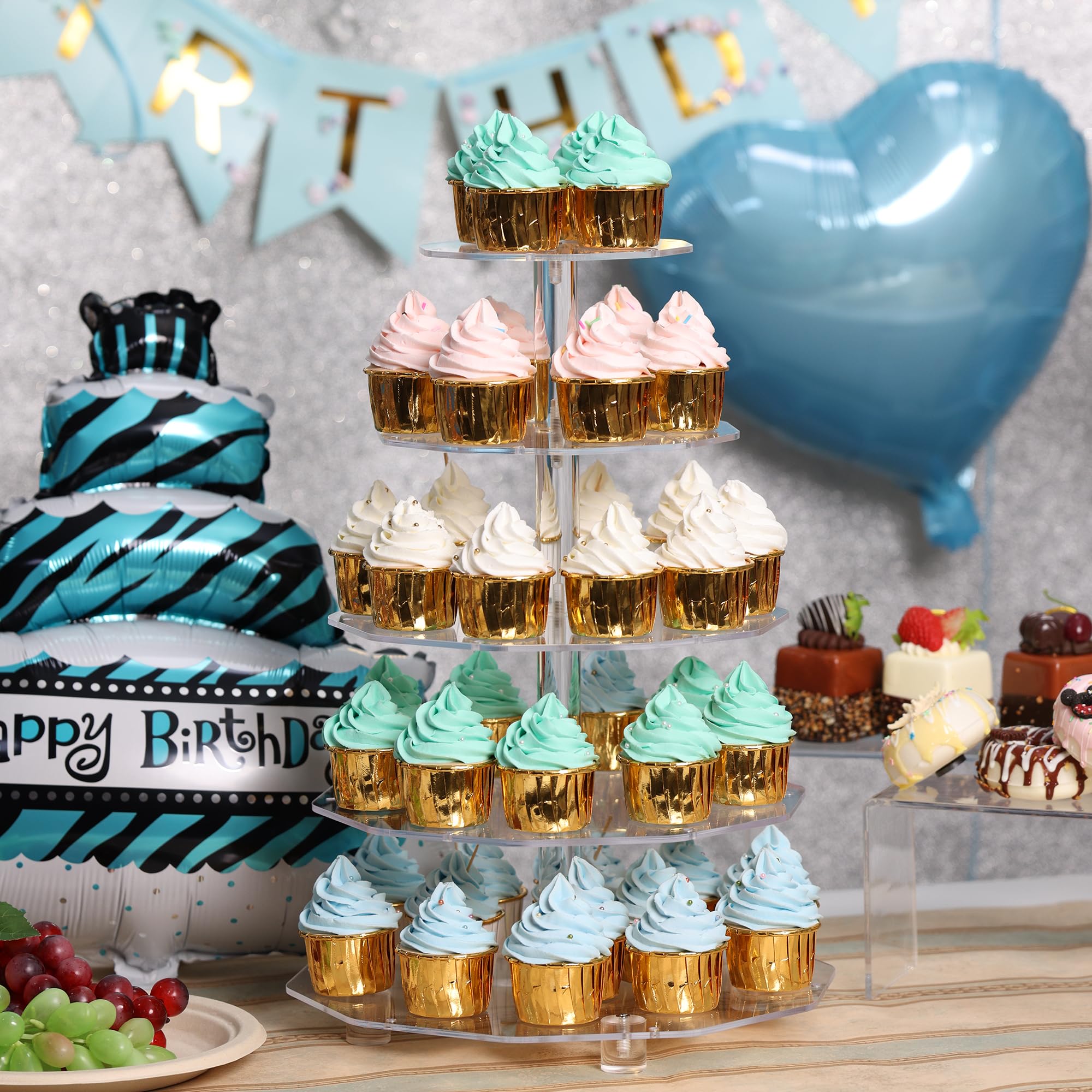 Antimbee 5 Tier Clear Cupcake Stand with LED String Light, Acrylic Cupcake Display Holder for Weddings, Birthday, Anniversary, Party Events