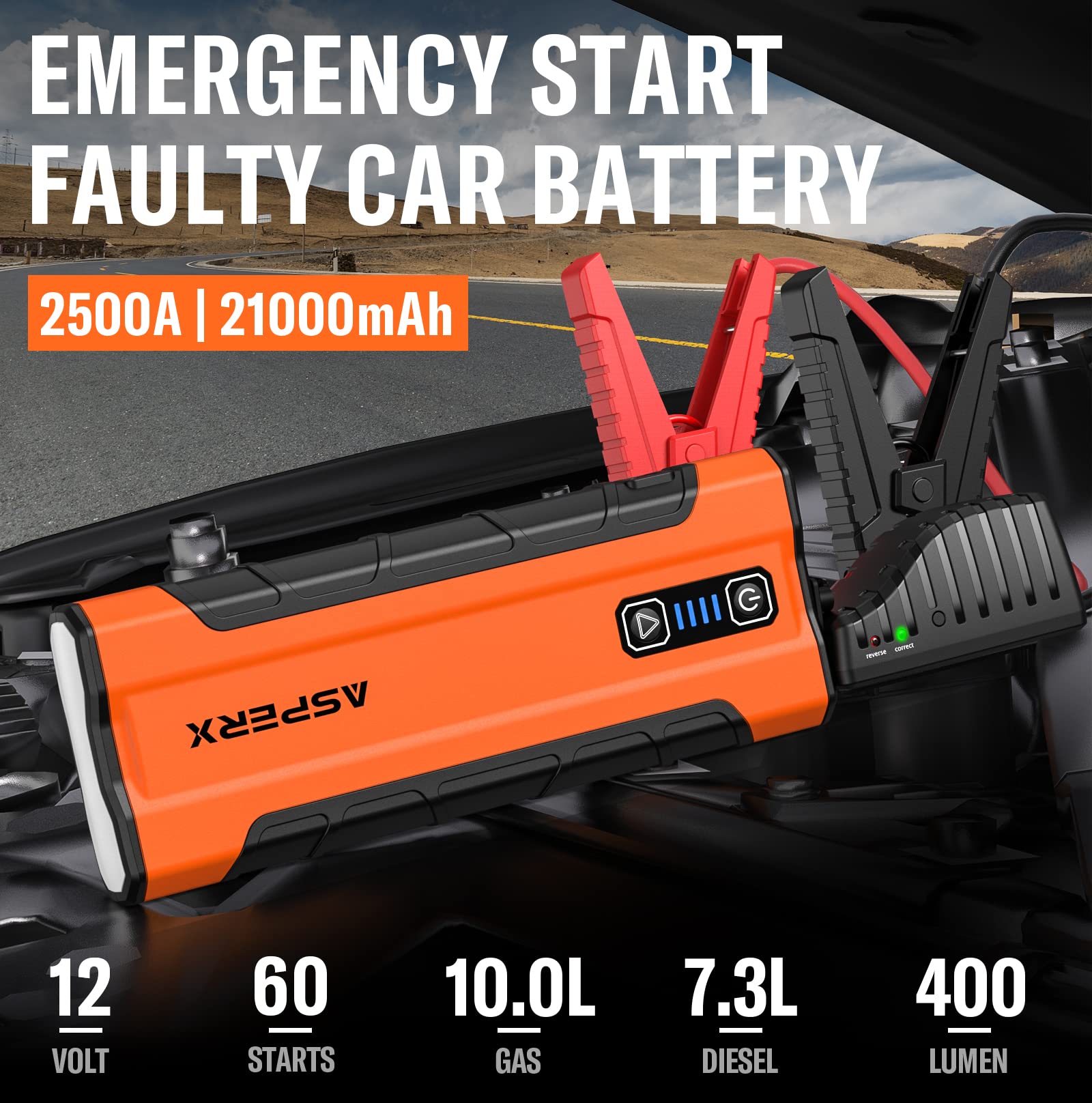 ASPERX AX2500 Jump Starter, 21000mAh 2500A Peak Battery Starter for 10L Gas or 7.3L Diesel Engines, 12V Auto Battery Booster, Lithium Jump Box with USB QC3.0, Jump Pack with Built-in LED Light