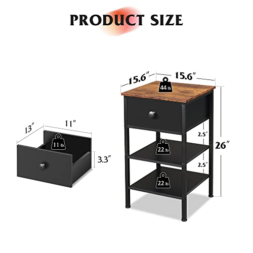WLIVE Nightstands Set of 2, Bedside Tables with Adjustable Wooden Drawer, 3-Tier Night Stands for Couch, Bed, Sofa, End Table Side Table for Bedroom, Living Room, Black