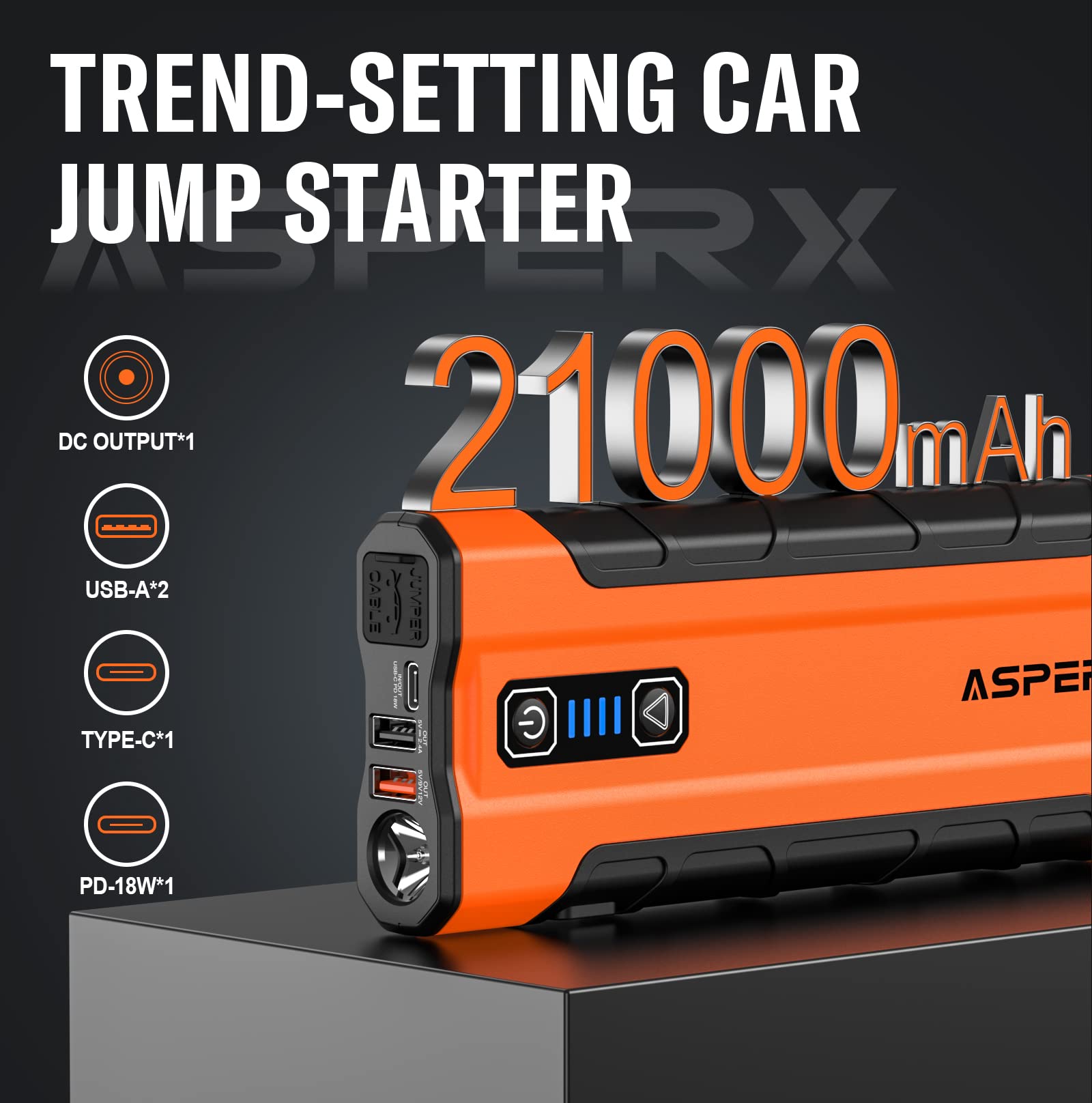 ASPERX AX2500 Jump Starter, 21000mAh 2500A Peak Battery Starter for 10L Gas or 7.3L Diesel Engines, 12V Auto Battery Booster, Lithium Jump Box with USB QC3.0, Jump Pack with Built-in LED Light