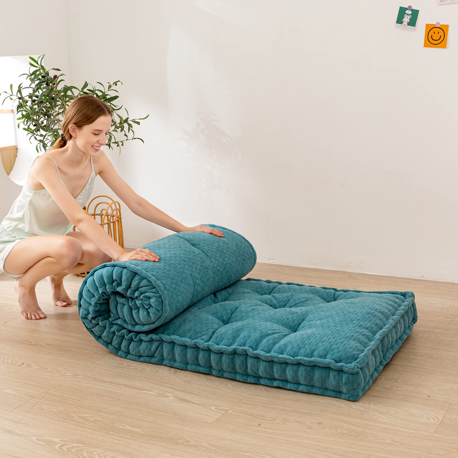 MAXYOYO Daybed Futon Mattress Window Seat Cushion, Cot Size Single Futon Mattress, Portable Roll Up Camping Mattress Long Cushion Sleeping Pad for Couch Travel Car, Turquoise, 75" x 30"
