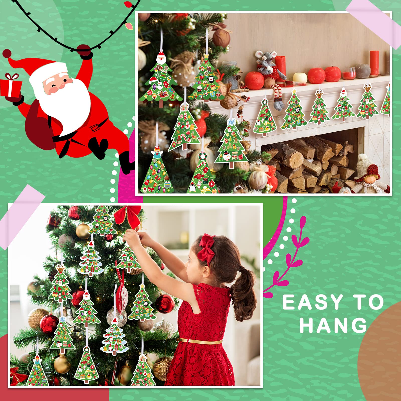 48 Pieces Christmas Tree Craft Kit for Kids Christmas Arts and Crafts Make Your Own Christmas Craft Project for Kid DIY Christmas Tree Ornament Kit Self Adhesive Sticker Sheet for Xmas Tree Decoration