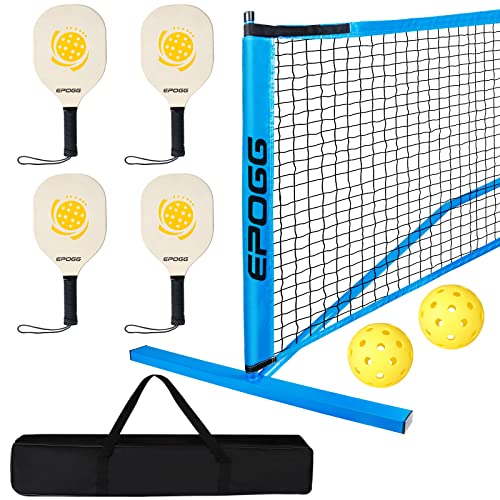 Portable Pickleball Net Set, EPOGG Official Size Pickleball Net System with 4 Pickleball Paddles, 2 Outdoor Pickleballs, Carry Bag and Heavy Duty Steel Frame for Professional Sports Training