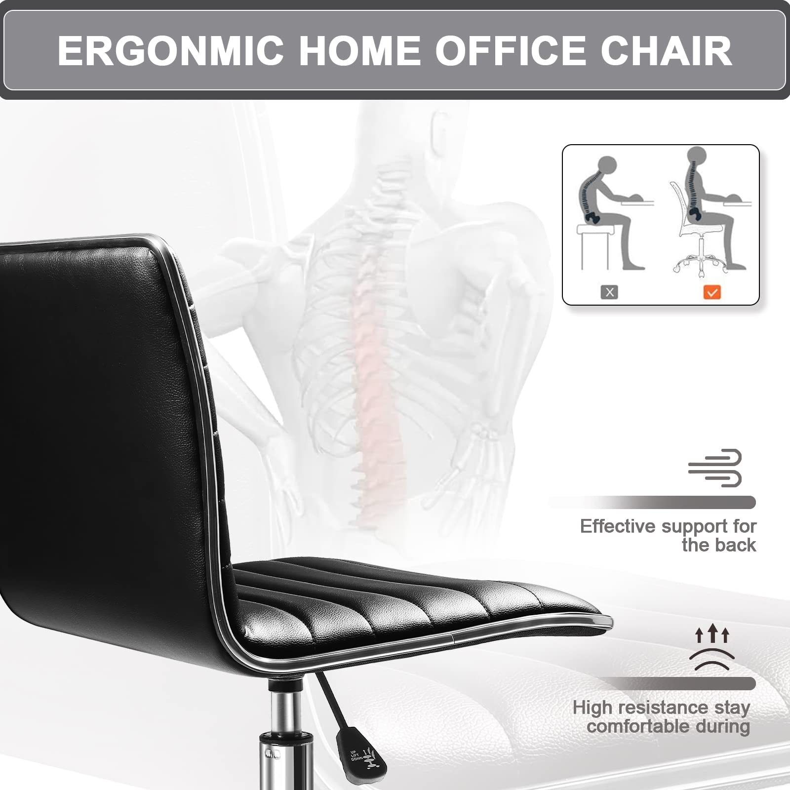 OFIKA Armless Office Desk Chair, Adjustable Task Chair, Low Back Faux Leather Ribbed Swivel Chair, Home Computer Chair Retro with Wheels, Vanity Chair,Black